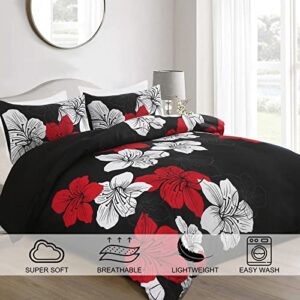 Menghomeus Black Comforter Set Full - Red and White Floral Comforter with 2 Pillowcases Modern Bedding Sets Lightweight Boho Bed Set for All Season (1 Comforter, 2 Pillowcases)