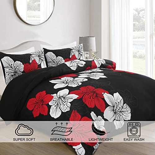 Menghomeus Black Comforter Set Full - Red and White Floral Comforter with 2 Pillowcases Modern Bedding Sets Lightweight Boho Bed Set for All Season (1 Comforter, 2 Pillowcases)