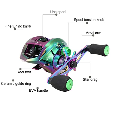 Colorful Baitcasting Reel with Two Line Spools 18+1BB Fishing Reel High Speed 6.3: 1 Gear Ratio Magnetic Brake System Baitcaster Reel