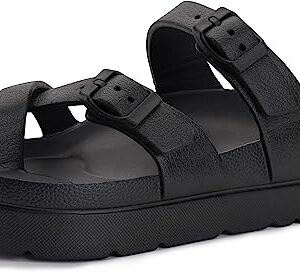 WHITIN Women's Platform Sandals with Arch Support Comfortable Size 8 Rubber Toe Loop Pillow Slides Slip on Lightweight EVA Thick Soles Adjustable Buckle Ultra Cushion Blak