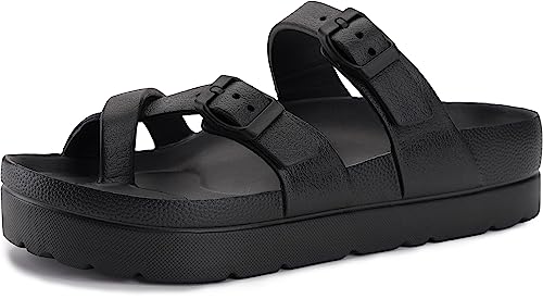 WHITIN Women's Platform Sandals with Arch Support Comfortable Size 8 Rubber Toe Loop Pillow Slides Slip on Lightweight EVA Thick Soles Adjustable Buckle Ultra Cushion Blak