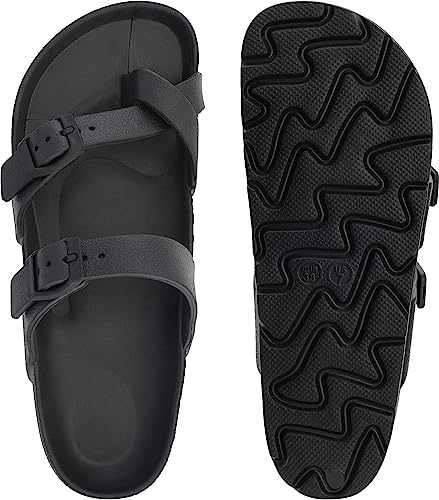 WHITIN Women's Platform Sandals with Arch Support Comfortable Size 8 Rubber Toe Loop Pillow Slides Slip on Lightweight EVA Thick Soles Adjustable Buckle Ultra Cushion Blak