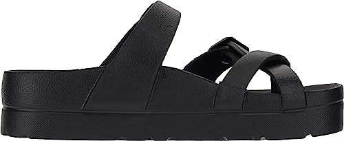 WHITIN Women's Platform Sandals with Arch Support Comfortable Size 8 Rubber Toe Loop Pillow Slides Slip on Lightweight EVA Thick Soles Adjustable Buckle Ultra Cushion Blak