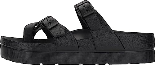 WHITIN Women's Platform Sandals with Arch Support Comfortable Size 8 Rubber Toe Loop Pillow Slides Slip on Lightweight EVA Thick Soles Adjustable Buckle Ultra Cushion Blak