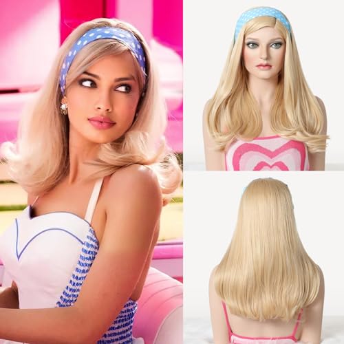 LONAI 3PCS Blonde Cosplay Wigs Set for Women Vintage Retro Shoulder Length Wig with Blue Headband Bracelet for Princess Costume Halloween Cos play Daily Use