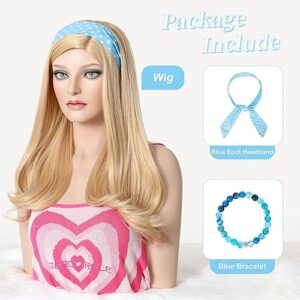 LONAI 3PCS Blonde Cosplay Wigs Set for Women Vintage Retro Shoulder Length Wig with Blue Headband Bracelet for Princess Costume Halloween Cos play Daily Use