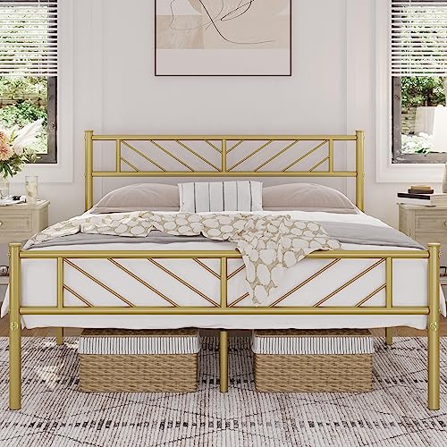 Yaheetech Full Size Platform Bed Frame with Arrow Design Headboard,13 Inches Metal Mattress Foundation for Storage,No Box Spring Needed,Easy Assembly,Modern,Antique Gold