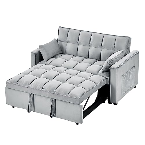 KATBOC 3 in 1 Sleeper Sofa Couch with Adjustable Backrest Modern Velvet Convertible Sleeper Sofa Bed with Pillows and Side Pockets, Small Loveseat Sofa Bed w/Pull Out Bed for Living Room (Grey)