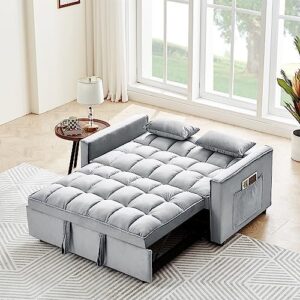 KATBOC 3 in 1 Sleeper Sofa Couch with Adjustable Backrest Modern Velvet Convertible Sleeper Sofa Bed with Pillows and Side Pockets, Small Loveseat Sofa Bed w/Pull Out Bed for Living Room (Grey)