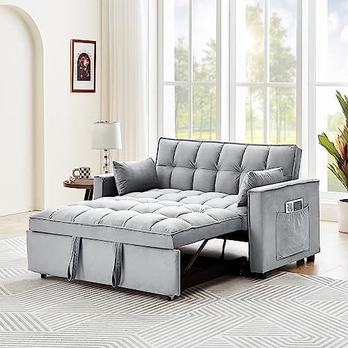 KATBOC 3 in 1 Sleeper Sofa Couch with Adjustable Backrest Modern Velvet Convertible Sleeper Sofa Bed with Pillows and Side Pockets, Small Loveseat Sofa Bed w/Pull Out Bed for Living Room (Grey)