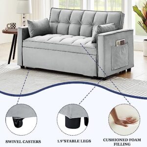 KATBOC 3 in 1 Sleeper Sofa Couch with Adjustable Backrest Modern Velvet Convertible Sleeper Sofa Bed with Pillows and Side Pockets, Small Loveseat Sofa Bed w/Pull Out Bed for Living Room (Grey)