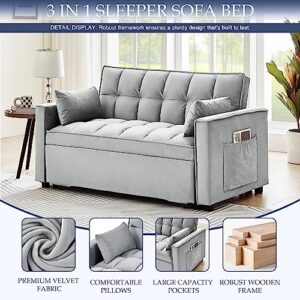 KATBOC 3 in 1 Sleeper Sofa Couch with Adjustable Backrest Modern Velvet Convertible Sleeper Sofa Bed with Pillows and Side Pockets, Small Loveseat Sofa Bed w/Pull Out Bed for Living Room (Grey)