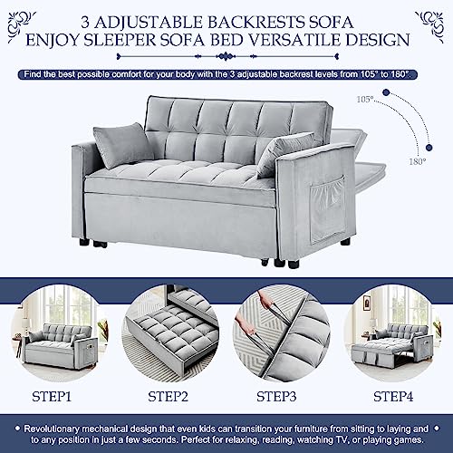 KATBOC 3 in 1 Sleeper Sofa Couch with Adjustable Backrest Modern Velvet Convertible Sleeper Sofa Bed with Pillows and Side Pockets, Small Loveseat Sofa Bed w/Pull Out Bed for Living Room (Grey)