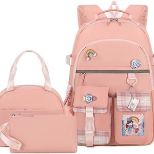 Hey Yoo Cute Backpack for School Backpack for Girls Backpack with Lunch Box Bookbag Set Kids Backpacks for Teen Girls (Pink)