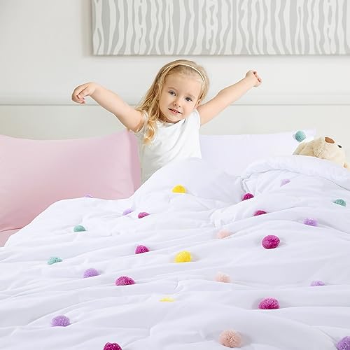 HOMBYS Pom Poms Bedding Comforter Set for Girls, 5 Piece White Pink Boho Kids Comforter Set for All Season，Full/Queen Size