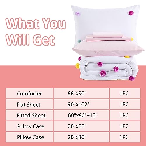 HOMBYS Pom Poms Bedding Comforter Set for Girls, 5 Piece White Pink Boho Kids Comforter Set for All Season，Full/Queen Size