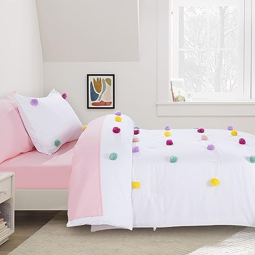 HOMBYS Pom Poms Bedding Comforter Set for Girls, 5 Piece White Pink Boho Kids Comforter Set for All Season，Full/Queen Size