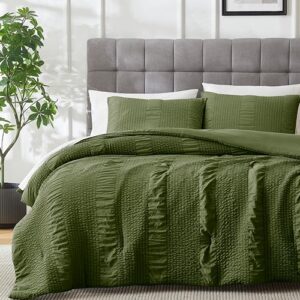 Seersucker Olive Green King Size Comforter Set, 3 Pieces- Soft Washed Microfiber Sage Comforter with 2 Pillowcases shams, Fluffy Down Alternative Bedding Comforter Sets for All Season (104x90 inches)