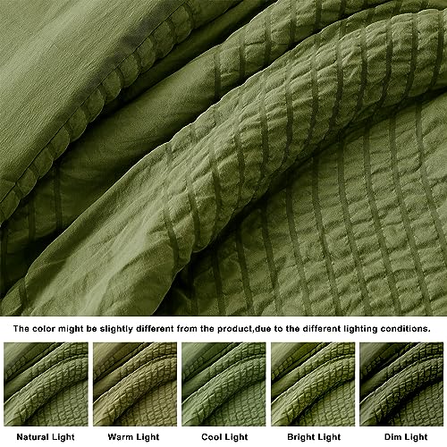 Seersucker Olive Green King Size Comforter Set, 3 Pieces- Soft Washed Microfiber Sage Comforter with 2 Pillowcases shams, Fluffy Down Alternative Bedding Comforter Sets for All Season (104x90 inches)