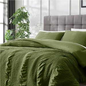 Seersucker Olive Green King Size Comforter Set, 3 Pieces- Soft Washed Microfiber Sage Comforter with 2 Pillowcases shams, Fluffy Down Alternative Bedding Comforter Sets for All Season (104x90 inches)