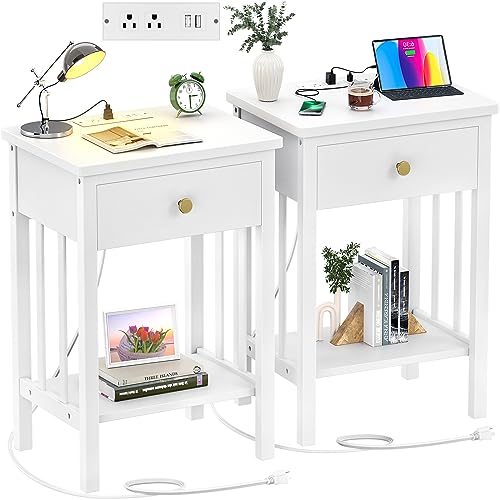 Hoiplu White Nightstand with Charging Station Set of 2, Bamboo Night Stand Bedside Table with 2 USB Port and Outlet, Real Wood End Table Farmhouse Side Table with Drawer for Bedroom, Living Room