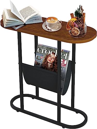 graffitimaster Oval Narrow Side Table with Magazine Sling Holder Pouch, Slim End Table with Metal Frame for Living Room Bedside Bedroom Couch Small Spaces, Retro Wood Grain Finish