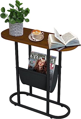 graffitimaster Oval Narrow Side Table with Magazine Sling Holder Pouch, Slim End Table with Metal Frame for Living Room Bedside Bedroom Couch Small Spaces, Retro Wood Grain Finish