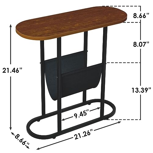 graffitimaster Oval Narrow Side Table with Magazine Sling Holder Pouch, Slim End Table with Metal Frame for Living Room Bedside Bedroom Couch Small Spaces, Retro Wood Grain Finish