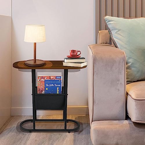 graffitimaster Oval Narrow Side Table with Magazine Sling Holder Pouch, Slim End Table with Metal Frame for Living Room Bedside Bedroom Couch Small Spaces, Retro Wood Grain Finish