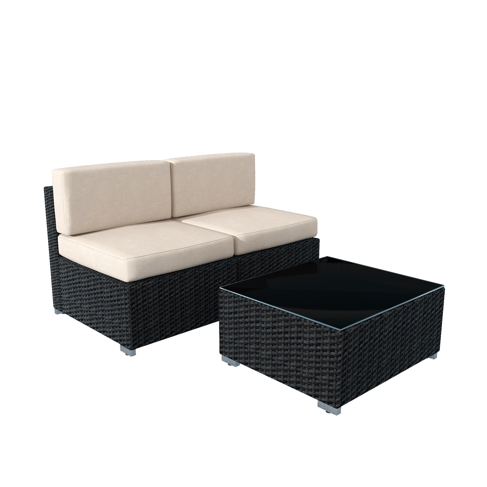 yoyomax 3PCS Patio Furniture, Weather PE Rattan Sectional Set Sofa & Tempered Glass Including, Beige, 2 armless Sofa+1 Coffee Table