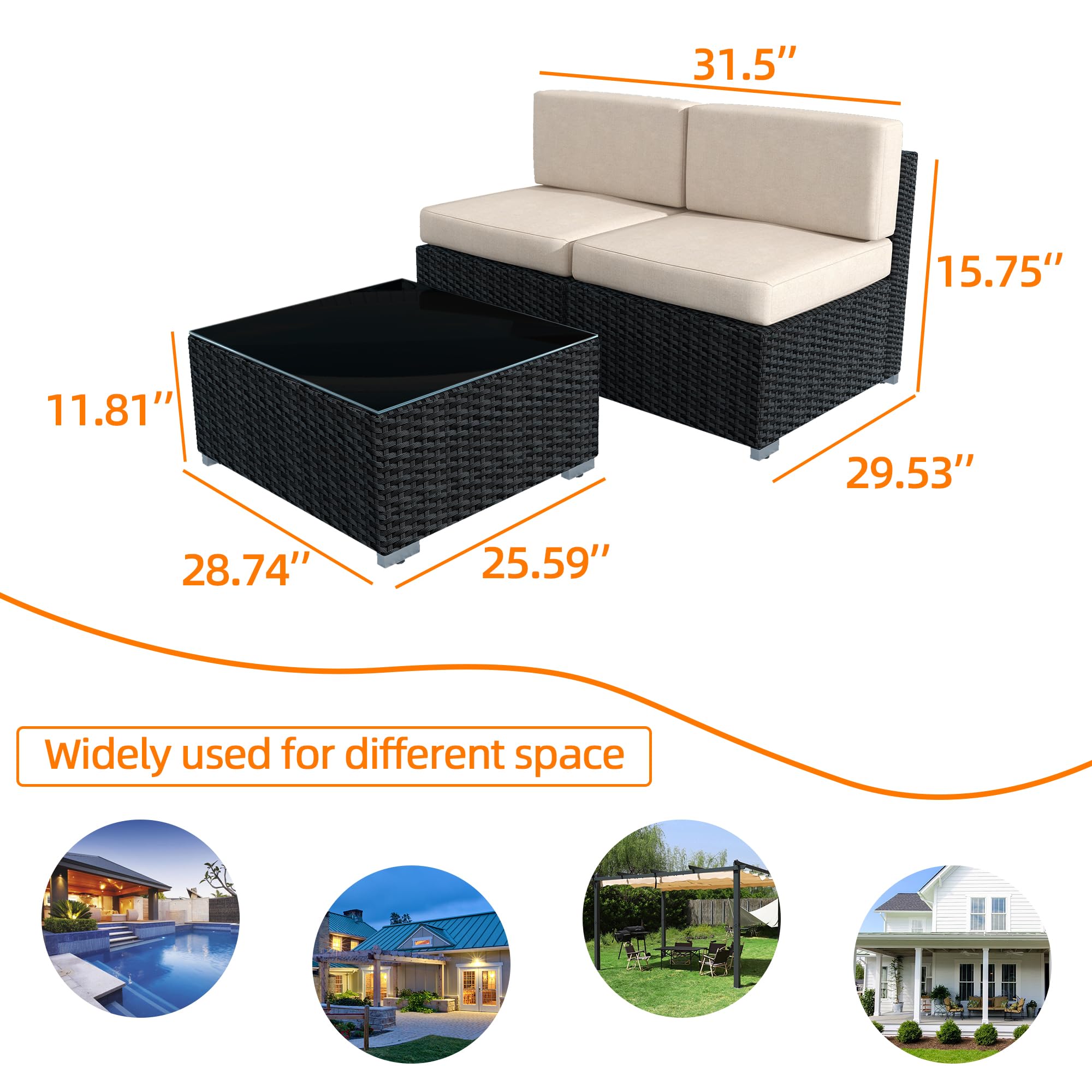 yoyomax 3PCS Patio Furniture, Weather PE Rattan Sectional Set Sofa & Tempered Glass Including, Beige, 2 armless Sofa+1 Coffee Table