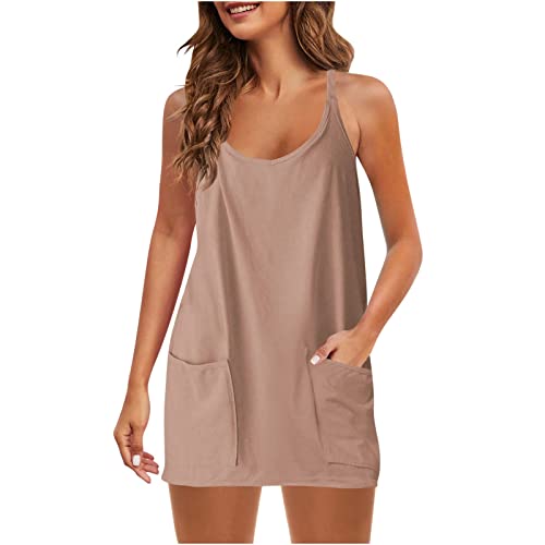 Sexy Dresses for Women Fashion Sexy Sleeveless V Neck Womens Dresses 2023 Athletic Pullover Mini Dress Shorts Suits Womens Rompers for Summer Dressy Split Shorts with Pockets Khaki XXL