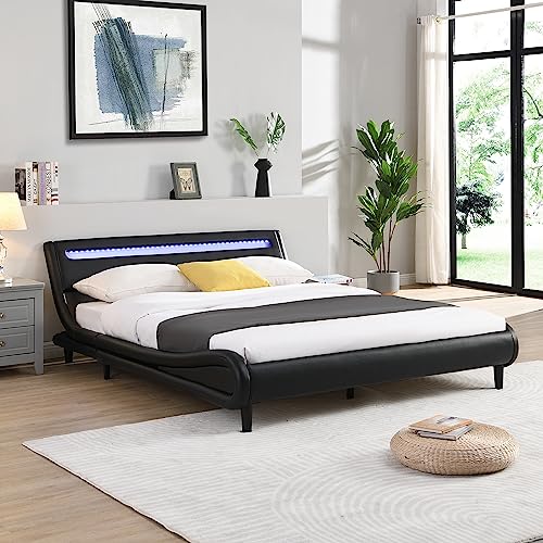 AnwickNomo Upholstered Platform Bed Frame with LED Lights Headboard, Faux Leather Wave-Like Bed Frame with Strong Wood Slats Support, Easy Assembly, No Box Spring Needed, Black (Full)