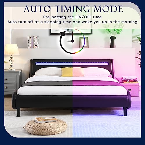 AnwickNomo Upholstered Platform Bed Frame with LED Lights Headboard, Faux Leather Wave-Like Bed Frame with Strong Wood Slats Support, Easy Assembly, No Box Spring Needed, Black (Full)