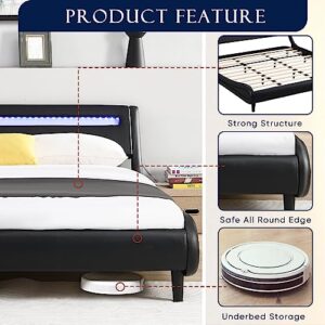 AnwickNomo Upholstered Platform Bed Frame with LED Lights Headboard, Faux Leather Wave-Like Bed Frame with Strong Wood Slats Support, Easy Assembly, No Box Spring Needed, Black (Full)