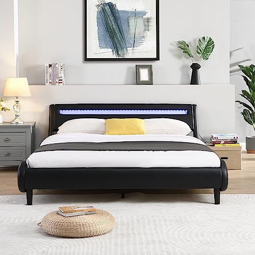 AnwickNomo Upholstered Platform Bed Frame with LED Lights Headboard, Faux Leather Wave-Like Bed Frame with Strong Wood Slats Support, Easy Assembly, No Box Spring Needed, Black (Full)