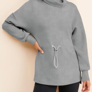 Dokotoo Womens Sweatshirts Casual Long Sleeve Pullover Turtleneck Drawstring Cute Tops Solid Color Relaxed Fit Sexy Side Split Gray Shirts Large