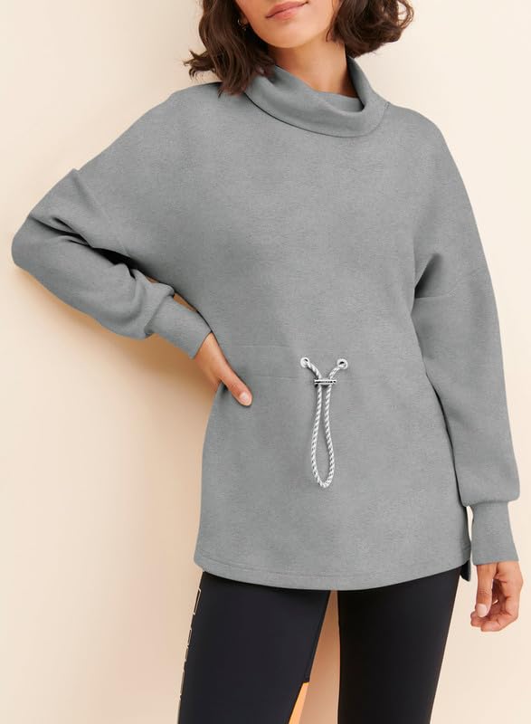 Dokotoo Womens Sweatshirts Casual Long Sleeve Pullover Turtleneck Drawstring Cute Tops Solid Color Relaxed Fit Sexy Side Split Gray Shirts Large