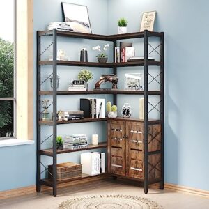 wildhome 6-shelf corner bookshelf, vintage industrial corner bookshelf etagere bookcase, large book shelf with metal frame open storage corner cabinet (brown-lockers, 71 in)