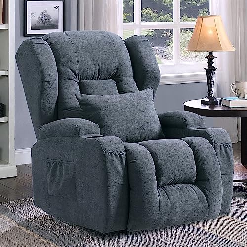 OBBOLLY Swivel Rocker Recliner Chair - Manual Glider Rocking Recliner Chair, Wingback Design 360° Swivel Chair with Lumbar Pillow, Cup Holders, Side Pockets for Living Room (Blue Grey, Single)