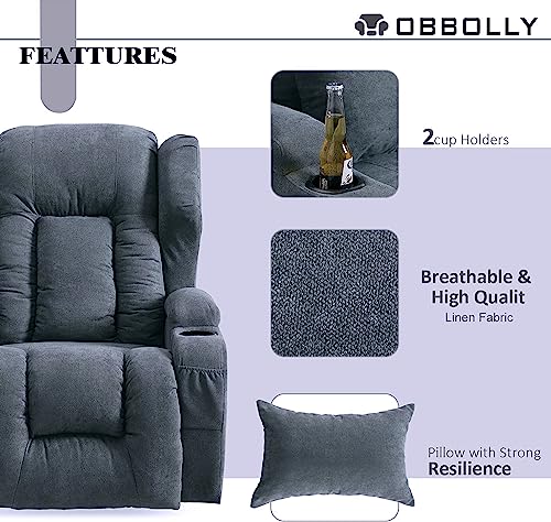 OBBOLLY Swivel Rocker Recliner Chair - Manual Glider Rocking Recliner Chair, Wingback Design 360° Swivel Chair with Lumbar Pillow, Cup Holders, Side Pockets for Living Room (Blue Grey, Single)