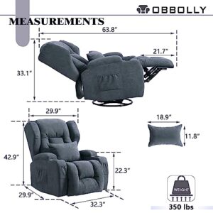 OBBOLLY Swivel Rocker Recliner Chair - Manual Glider Rocking Recliner Chair, Wingback Design 360° Swivel Chair with Lumbar Pillow, Cup Holders, Side Pockets for Living Room (Blue Grey, Single)