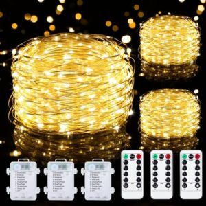 mlambert 3 pack 33ft fairy string lights battery operated with remote and timer, 100 led dimmable waterproof silver wire 8 modes twinkle lighting for bedroom indoor outdoor christmas decor-warm white