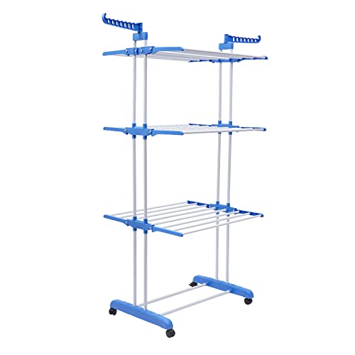 DOONARCES 4-Tier Gray Foldable Clothes Drying Rack Rolling Dryer Hanger Stand Outdoor Washing Line Clothes Dryer Storage Rack with 6 Retractable Trays&2 Side Wings, Bedroom Balcony Use (Blue)