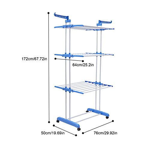 DOONARCES 4-Tier Gray Foldable Clothes Drying Rack Rolling Dryer Hanger Stand Outdoor Washing Line Clothes Dryer Storage Rack with 6 Retractable Trays&2 Side Wings, Bedroom Balcony Use (Blue)