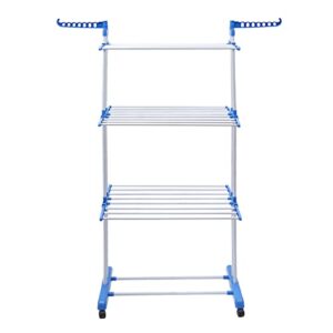 DOONARCES 4-Tier Gray Foldable Clothes Drying Rack Rolling Dryer Hanger Stand Outdoor Washing Line Clothes Dryer Storage Rack with 6 Retractable Trays&2 Side Wings, Bedroom Balcony Use (Blue)