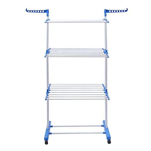 DOONARCES 4-Tier Gray Foldable Clothes Drying Rack Rolling Dryer Hanger Stand Outdoor Washing Line Clothes Dryer Storage Rack with 6 Retractable Trays&2 Side Wings, Bedroom Balcony Use (Blue)