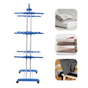 DOONARCES 4-Tier Gray Foldable Clothes Drying Rack Rolling Dryer Hanger Stand Outdoor Washing Line Clothes Dryer Storage Rack with 6 Retractable Trays&2 Side Wings, Bedroom Balcony Use (Blue)