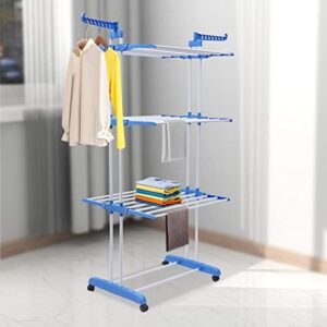 DOONARCES 4-Tier Gray Foldable Clothes Drying Rack Rolling Dryer Hanger Stand Outdoor Washing Line Clothes Dryer Storage Rack with 6 Retractable Trays&2 Side Wings, Bedroom Balcony Use (Blue)