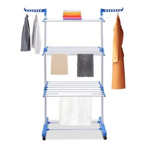 DOONARCES 4-Tier Gray Foldable Clothes Drying Rack Rolling Dryer Hanger Stand Outdoor Washing Line Clothes Dryer Storage Rack with 6 Retractable Trays&2 Side Wings, Bedroom Balcony Use (Blue)